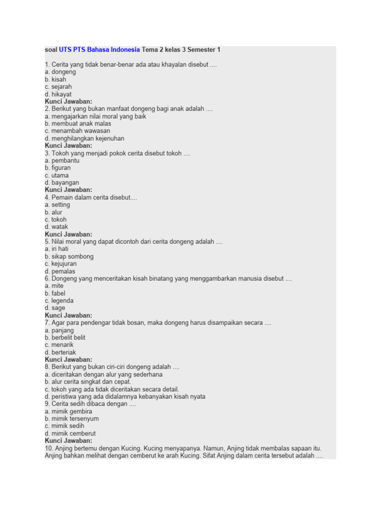 Soal Uts B.indo Kelas 3 SMT 1 | PDF