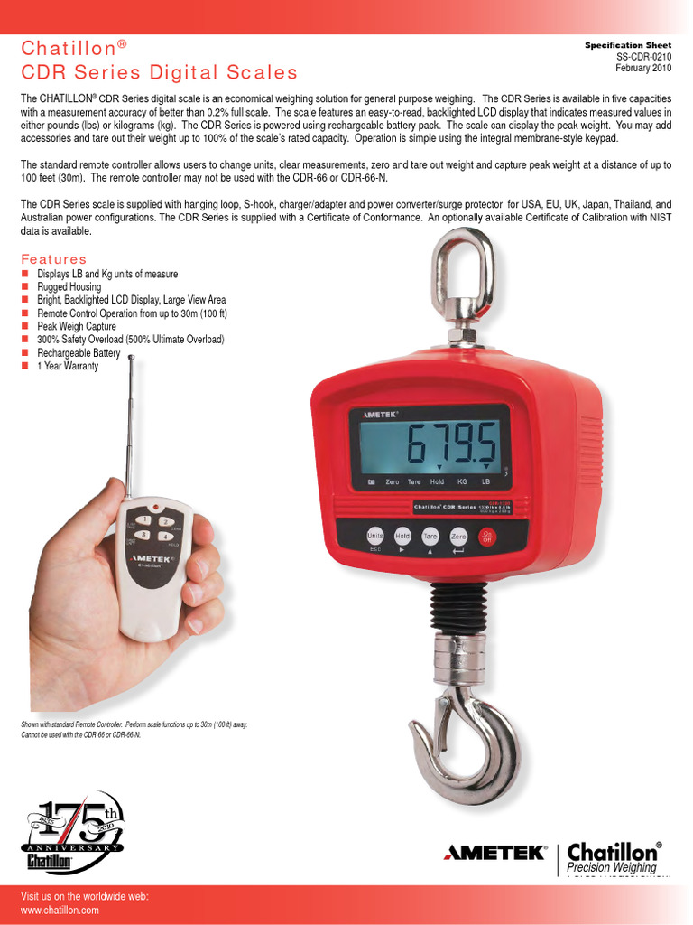 Datasheet CDR Series Digital Crane Scales | PDF | Weighing Scale | Weight