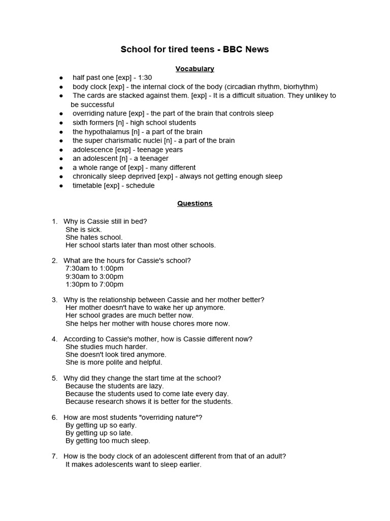 School For Tired Teens - BBC News | PDF | Sleep | Adolescence