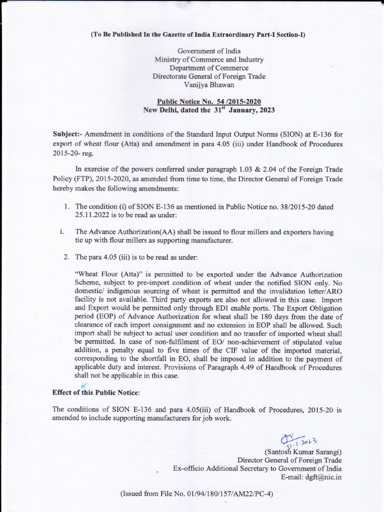 DGFT Public Notice No. 54 - 2015-20 Dated 31.01.2023 | PDF