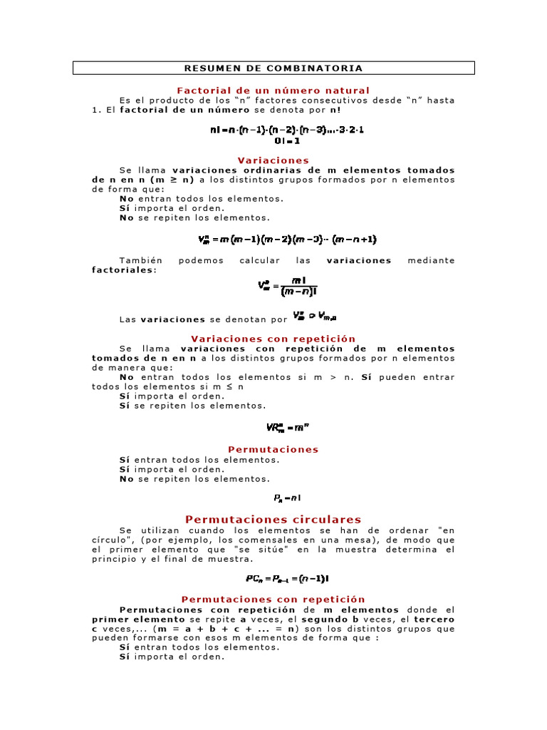 Resumen de Combinatoria | PDF | Permutación | Combinatoria