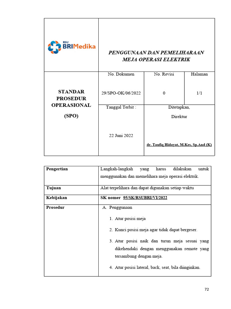 Panduan Pemeliharaan Meja Operasi Elektrik | PDF