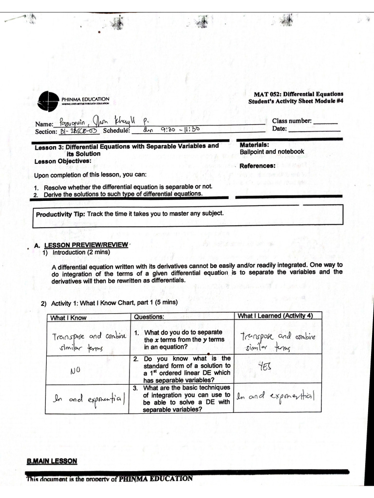 Mat 052 Lesson 4 | PDF
