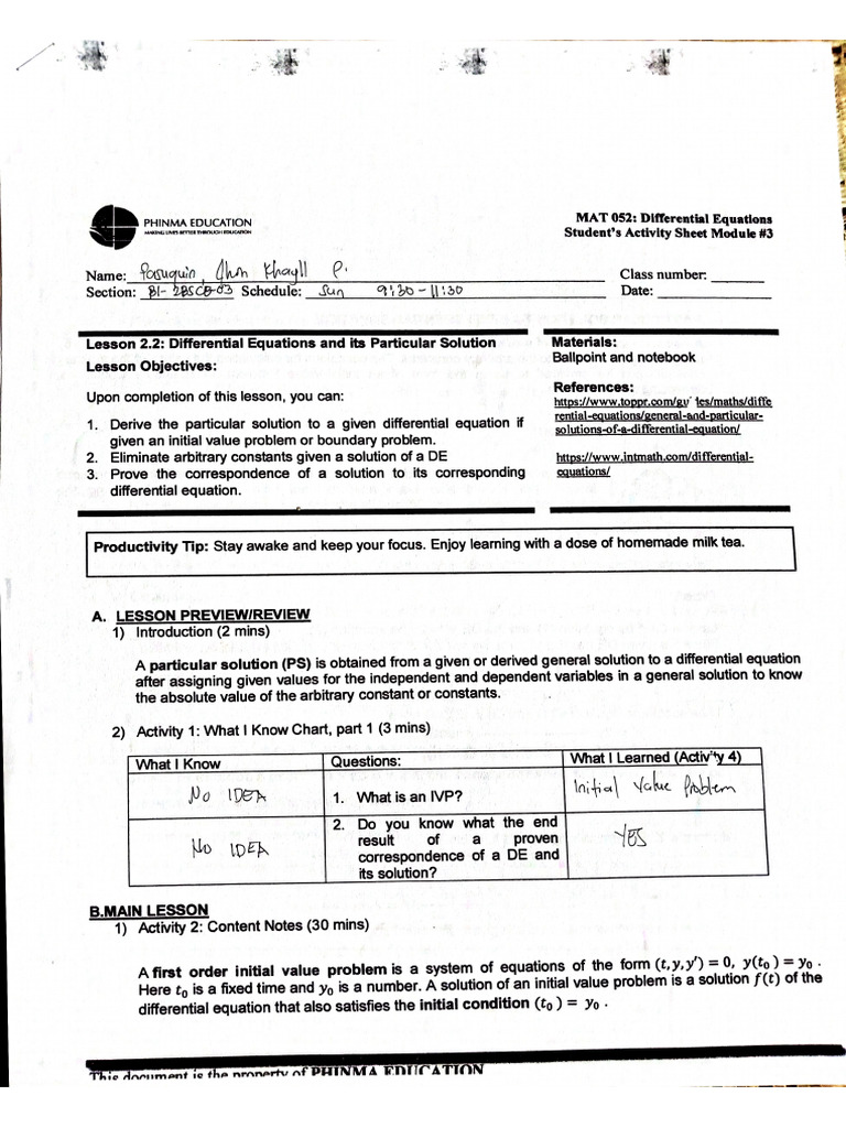 Mat 052 Lesson 3 | PDF