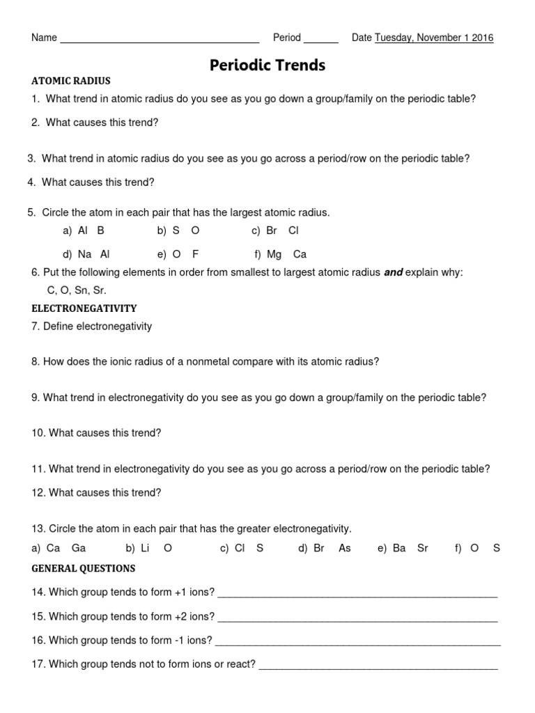 Periodic Trends Worksheet | Download Free PDF | Chemical Elements | Ion