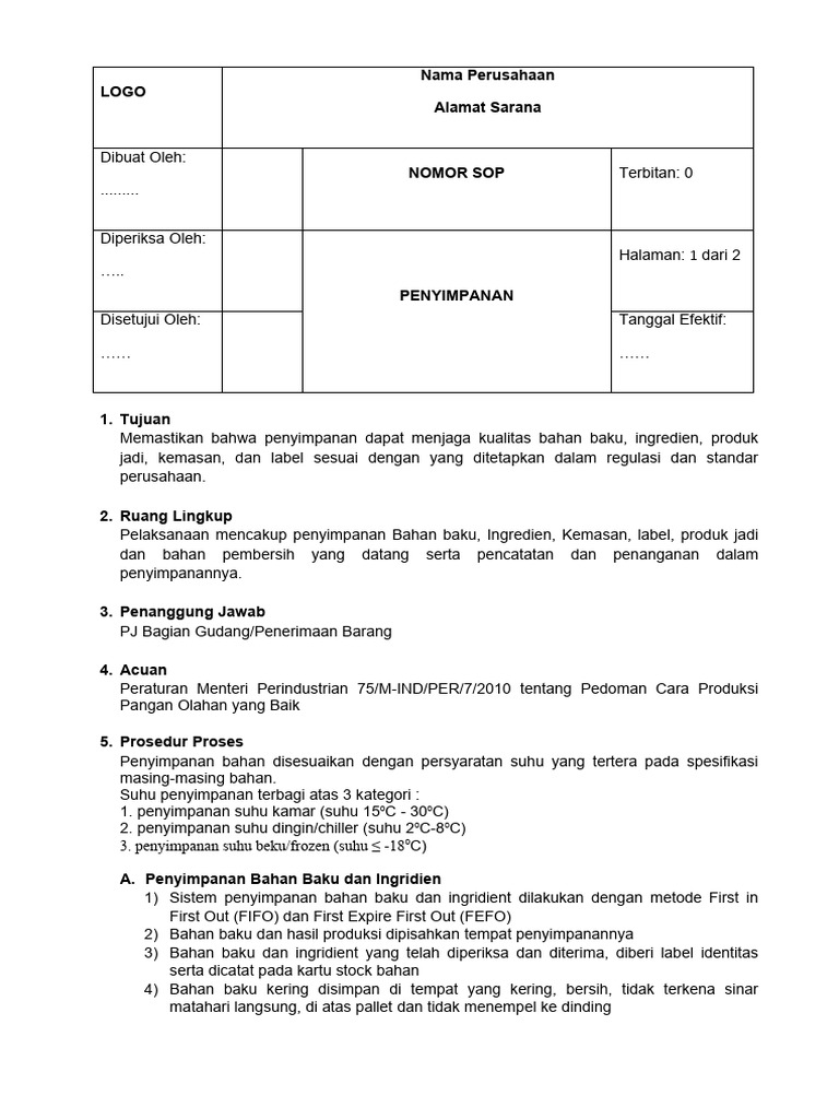 SOP Penyimpanan Bahan Baku dan Produk | PDF