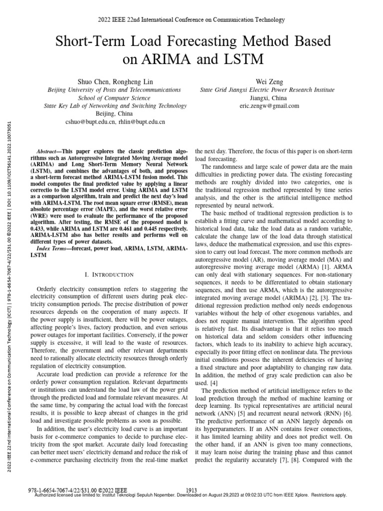 Short Term Load Forecasting Method Based On Arima And Lstm Pdf