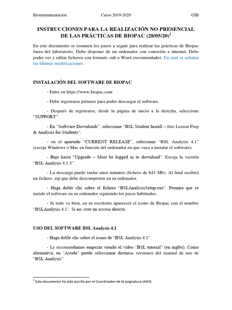Instrucciones Prácticas Biopac 2020 | PDF | Archivo de computadora | Microsoft Word