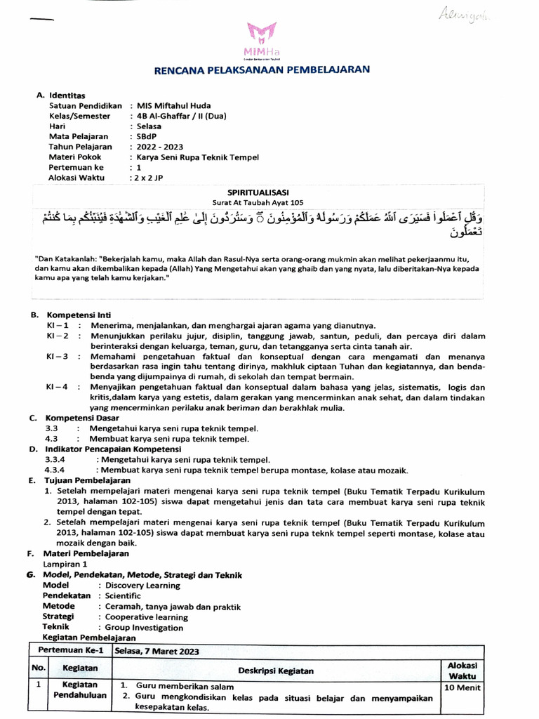 RPP SBDP KLS 4 Karya Seni Rupa Teknik Tempel | PDF