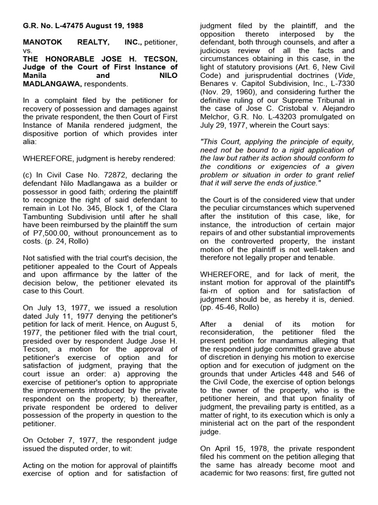 Manotok Realty V Tecson | PDF | Judgment (Law) | Complaint
