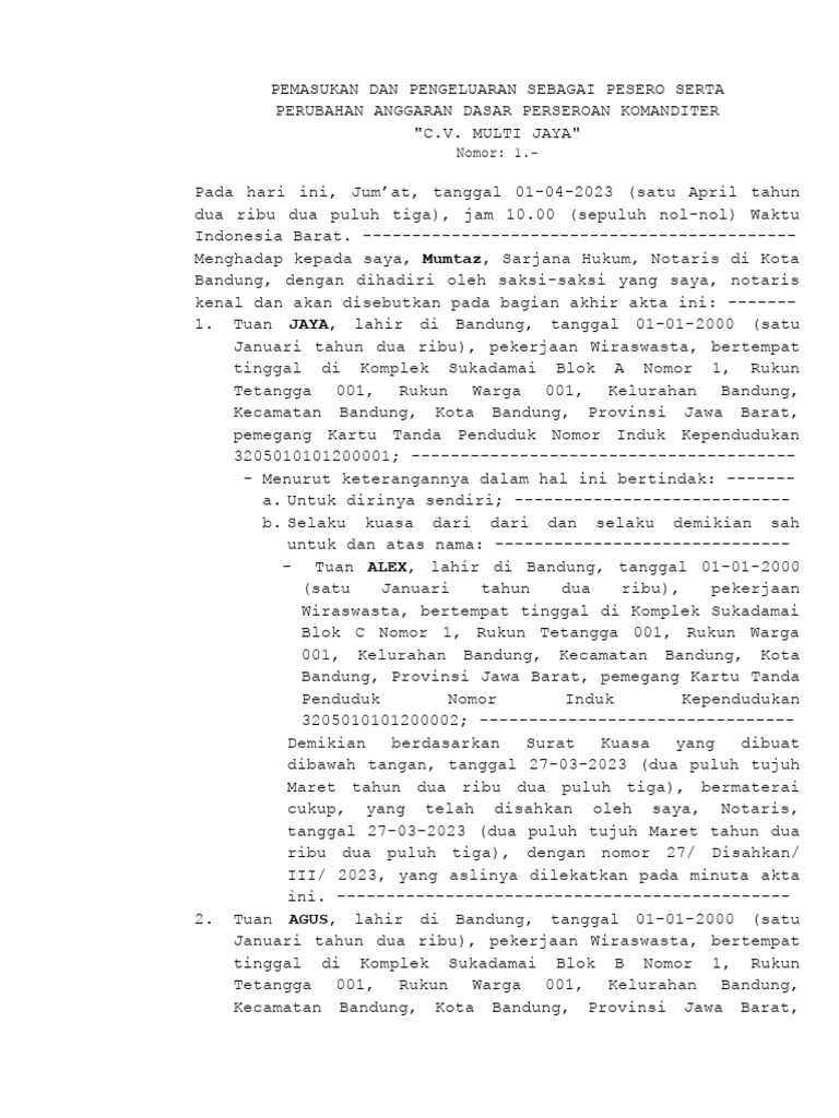 Contoh AKTA PERUBAHAN CV - PEMASUKAN DAN PENGELUARAN SEBAGAI PESERO ...