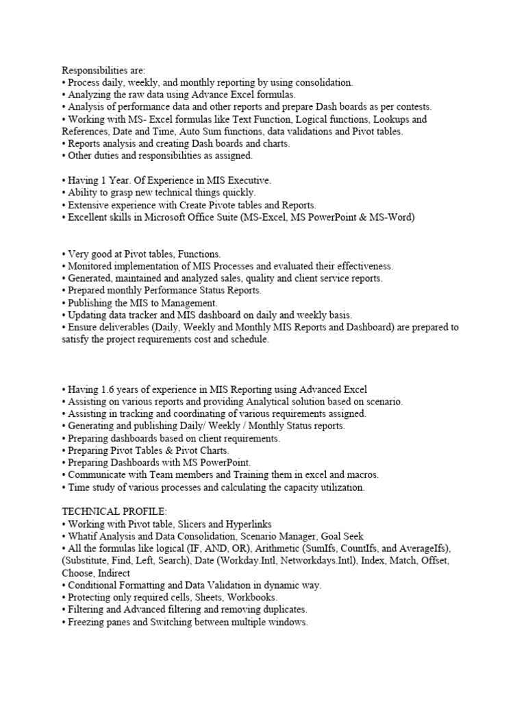 Excel Resume Content | PDF | Microsoft Excel | Software Engineering