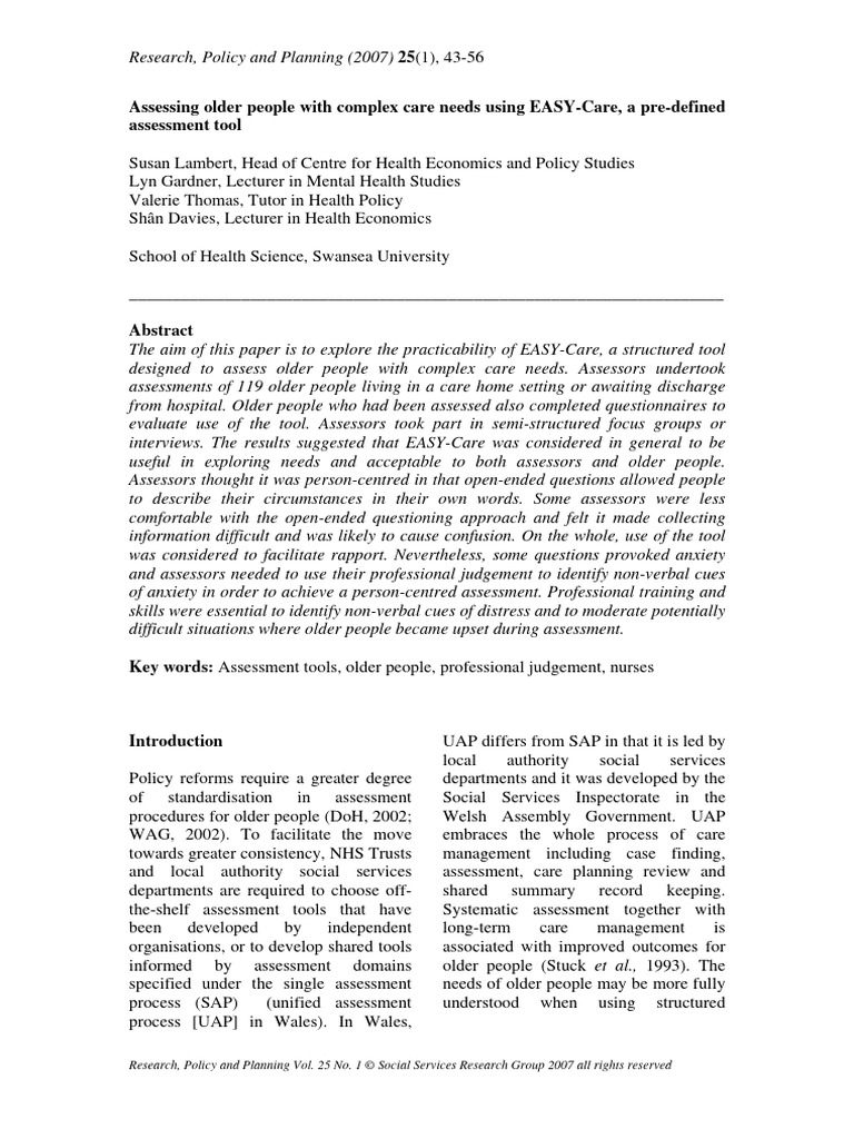 Assessing Older People With Complex Care Needs Using EASY-Care, A Pre ...