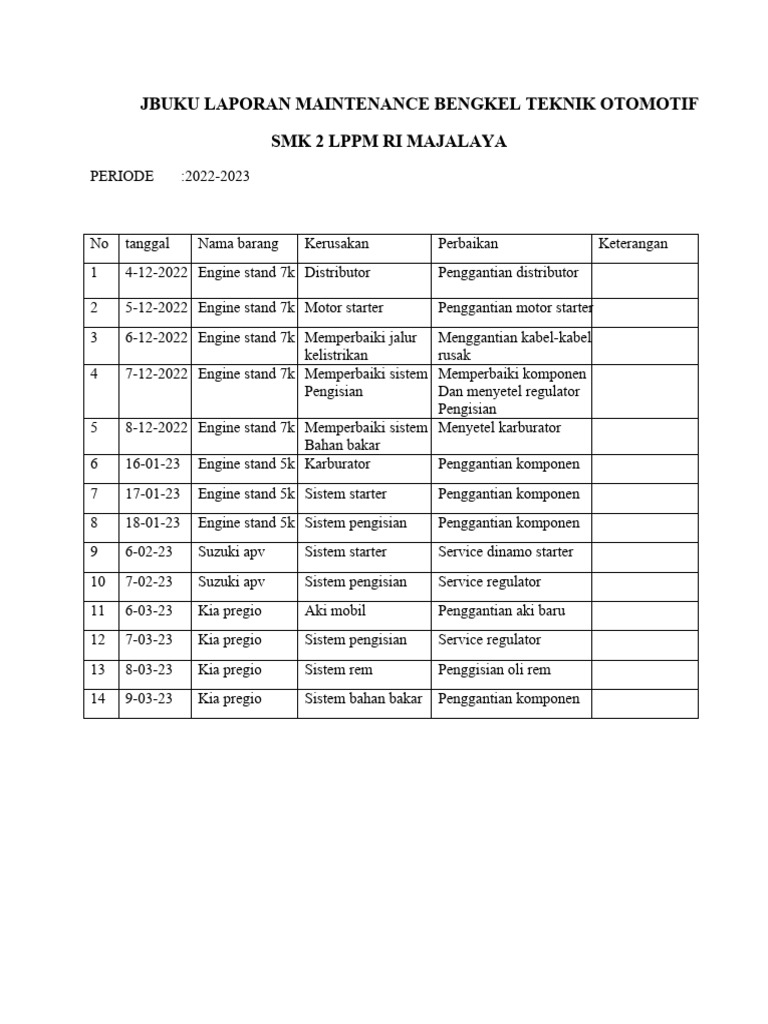 Buku Laporan Maintenance Bengkel Teknik Otomotif | PDF