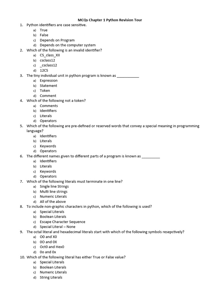 Class 12 CS Revision Tour MCQ | PDF | Parameter (Computer Programming) | Boolean Data Type
