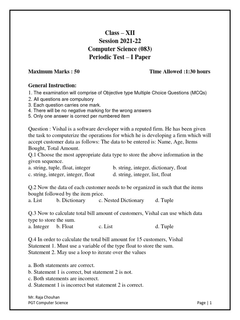 CS Sample Paper Class 12 | PDF | Multiple Choice | Software Engineering