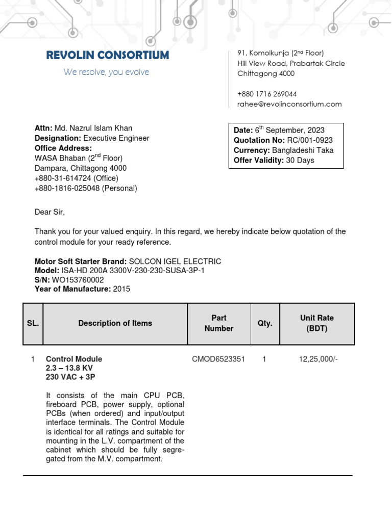 Control Module QUOTATION Revised - Sheikh Hasina WTP - Rangunia (RC001 ...