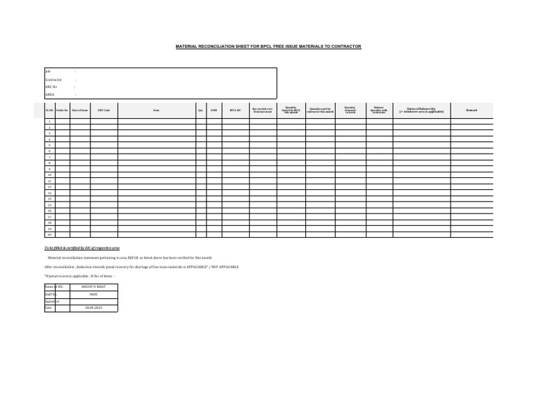 BPCL Free Issue Material Reconciliation | PDF
