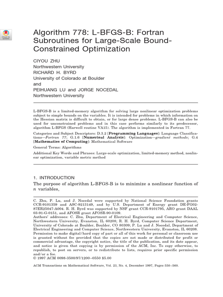 Algorithm 778: L-BFGS-B: Fortran Subroutines For Large-Scale Bound-Constrained Optimization ...