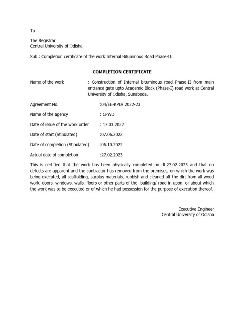 Work Completion Certificate | PDF | Buildings And Structures