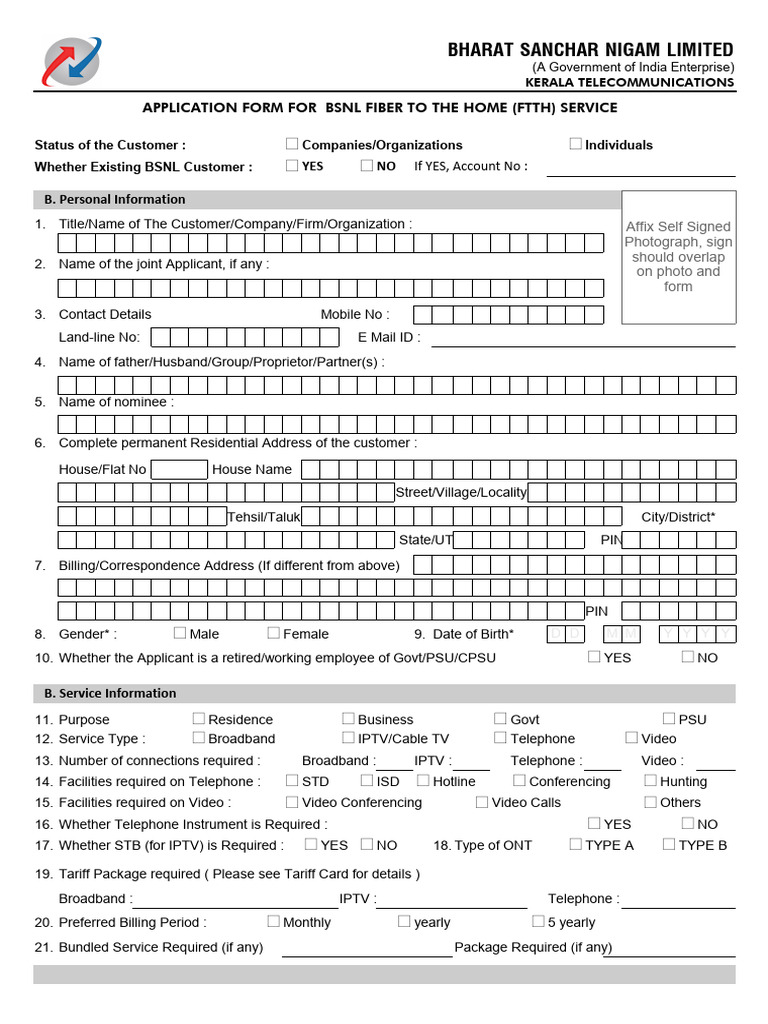 BSNL Bharat Fiber FTTH Application Form | PDF | Telecommunications ... BSNL Bharat Fiber FTTH Application Form | PDF | Telecommunications ...