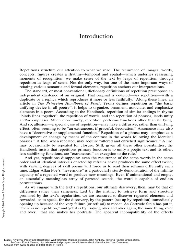 Poetry and Repetition Walt Whitman Wallace Stevens... - (Introduction ...