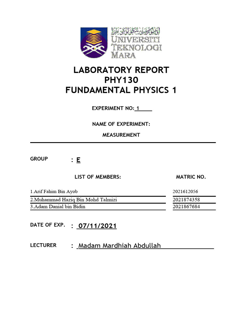 Laboratory Report Phy130 Group e | PDF | Metrology