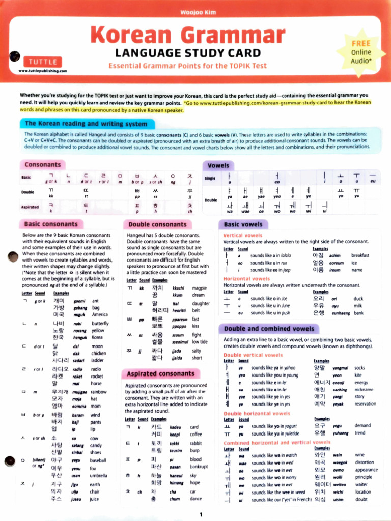 Korean Grammar Language Study Card | PDF | Verb | Adjective