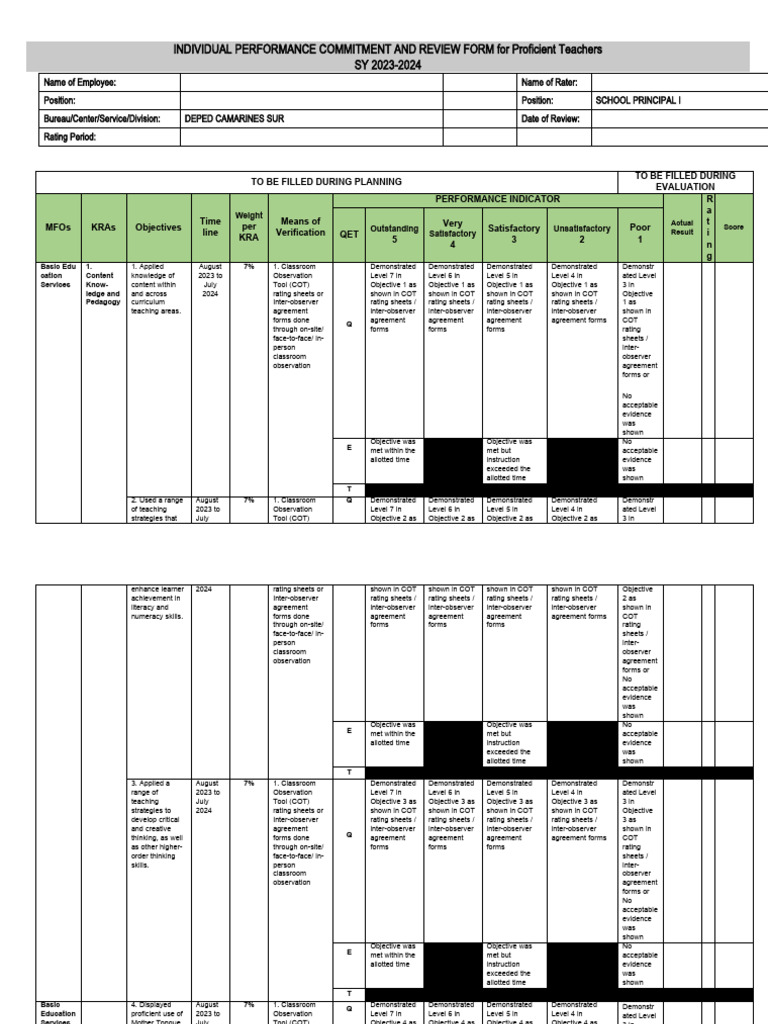 IPCRF For Proficient Teachers SY 2023 2024 1 | PDF | Learning | Education Theory