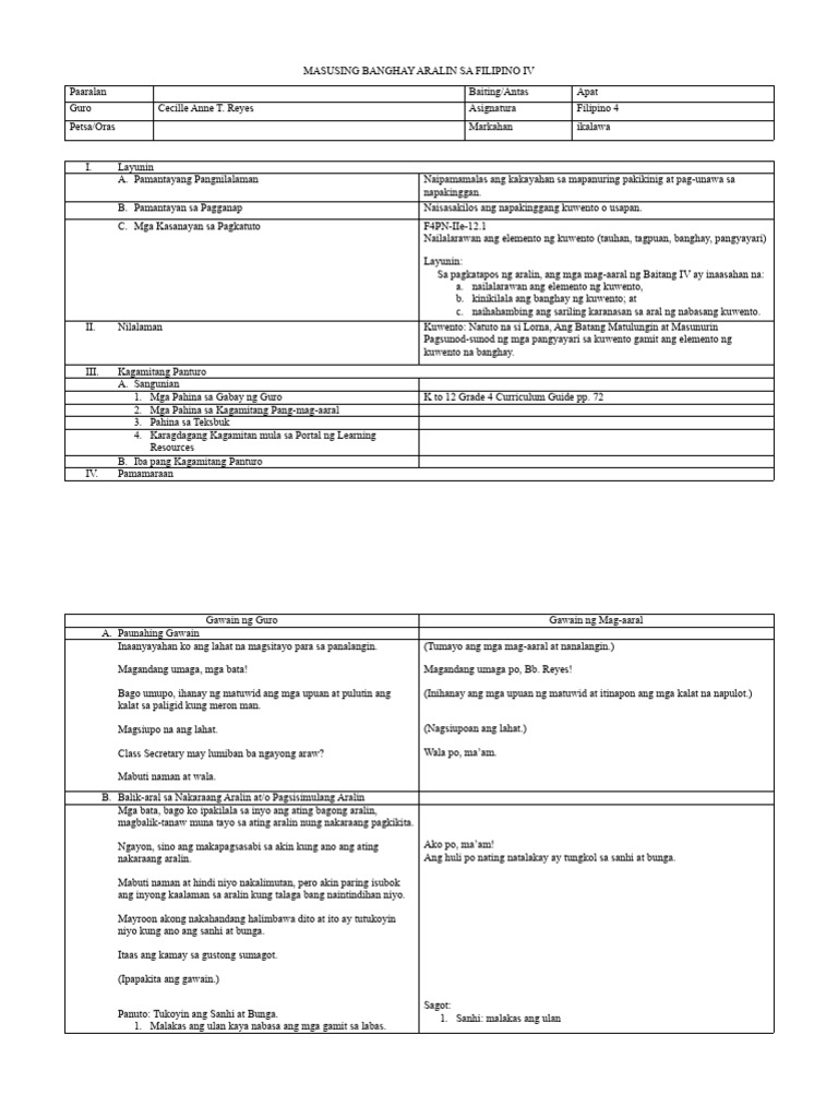 Masusing Banghay Aralin Sa Filipino Iv | PDF
