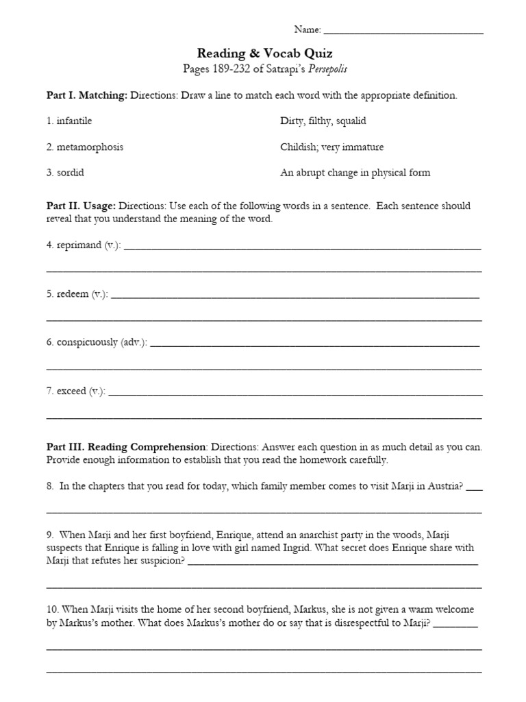 Persepolis Reading & Vocab Quiz | PDF