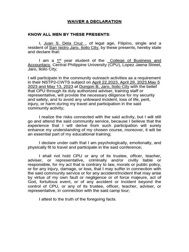 Sample of Waiver Declaration | PDF | Justice | Crime & Violence