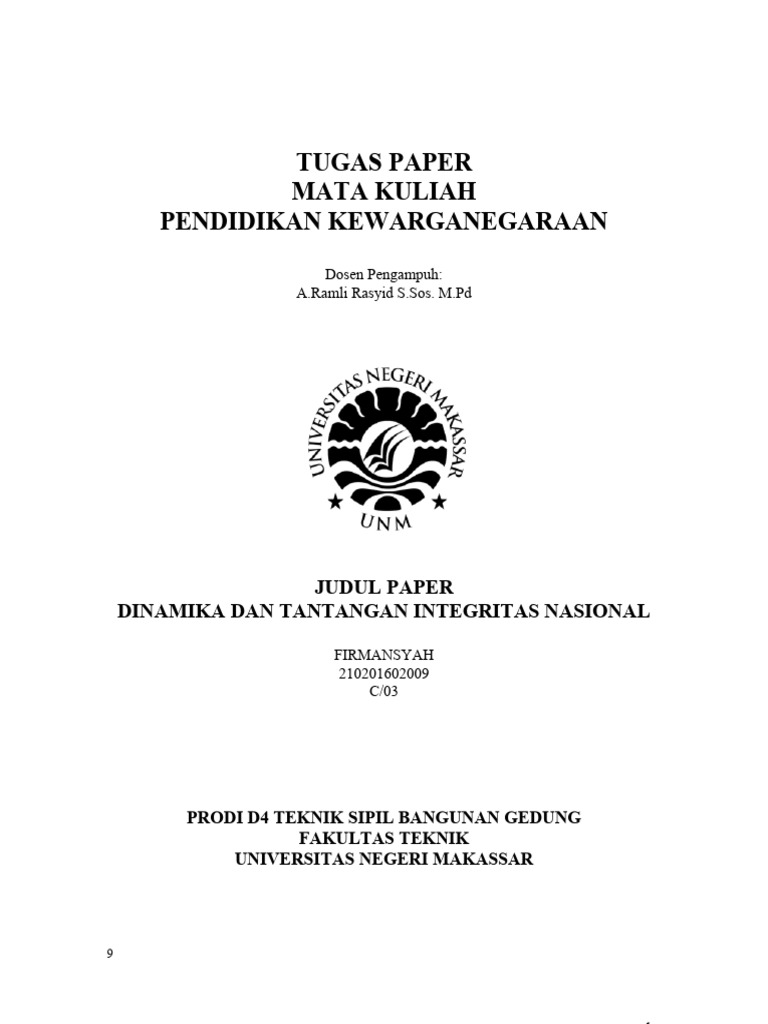 Tugas Paper Mata Kuliah Pendidikan Kewarganegaraan: Judul Paper ...