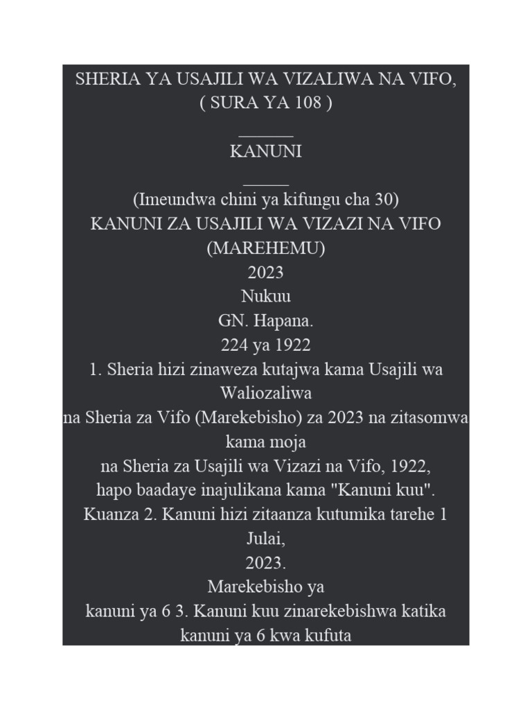 SHERIA YA USAJILI WA VIZALIWA NA VIFO | PDF
