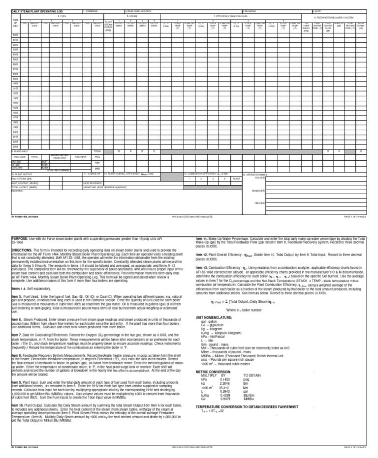 Main Af Form 1458 Daily Steam Plant Operating Log | PDF | Boiler ...