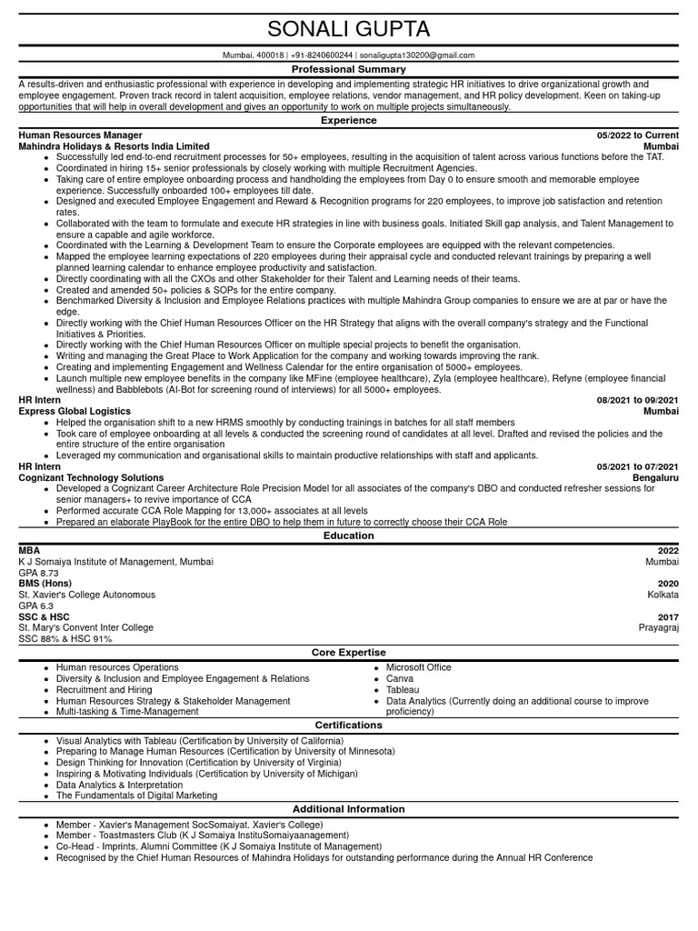 CV Sonali Gupta Updated | PDF | Leadership | Labor