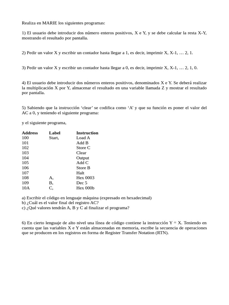 Ejercicios Programación MARIE | PDF | C (lenguaje de programación) | Programación