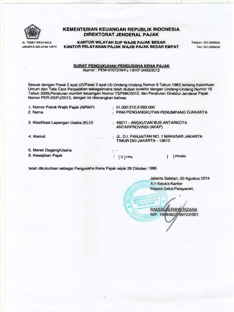Surat Pengukuhan Pengusaha Kena Pajak | PDF