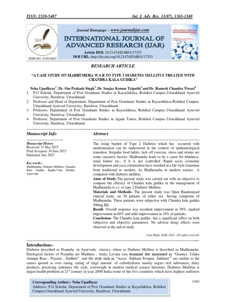 A Case Study On Madhumeha W.S.R To Type 2 Diabetes Mellitus Treated ...