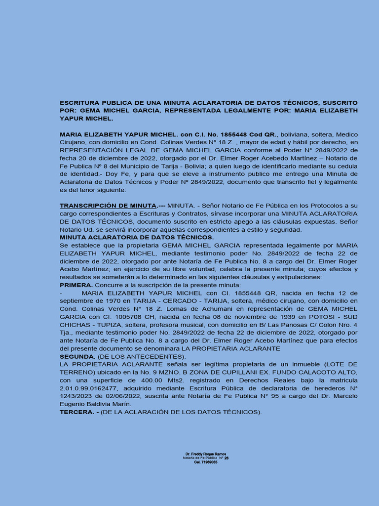 Minuta de Aclaratoria de Datos Tecnicos - Maria Elizabeth Yapur Michel ... Minuta de Aclaratoria de Datos Tecnicos - Maria Elizabeth Yapur Michel ...