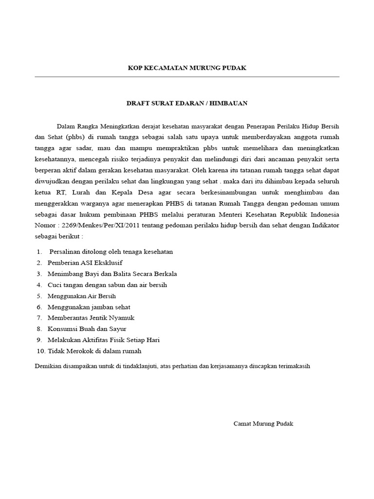 Draft Surat Edaran Phbs | PDF
