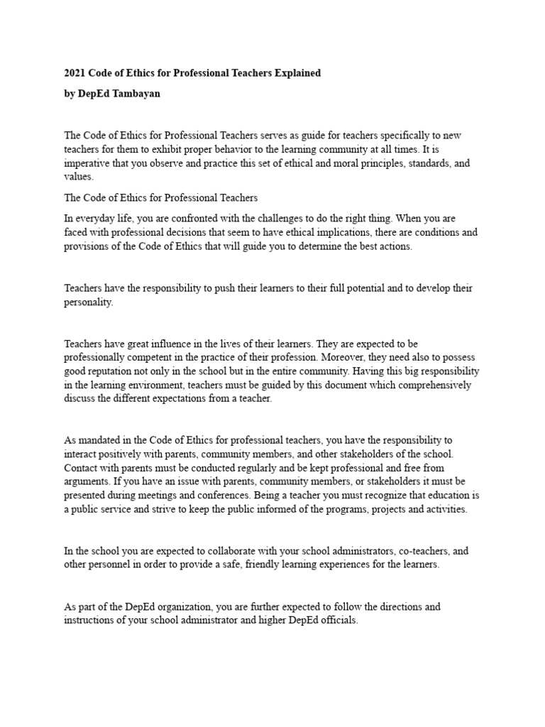 2021 Code of Ethics For Professional Teachers Explained | Download Free PDF | Teachers | Learning