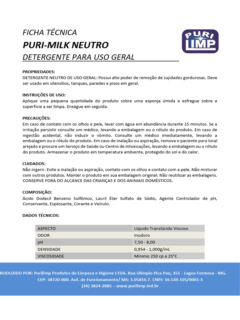 Ficha Técnica PURI-MILK Neutro | PDF
