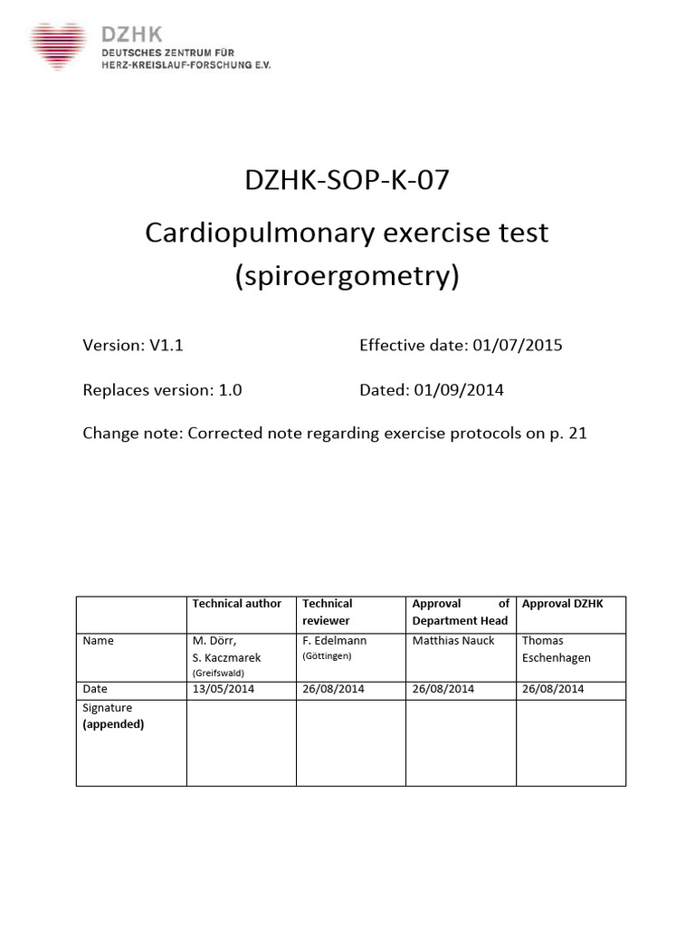 DZHK SOP K 07 Spiroergometry - V1.1 | PDF | Heart Rate | Breathing