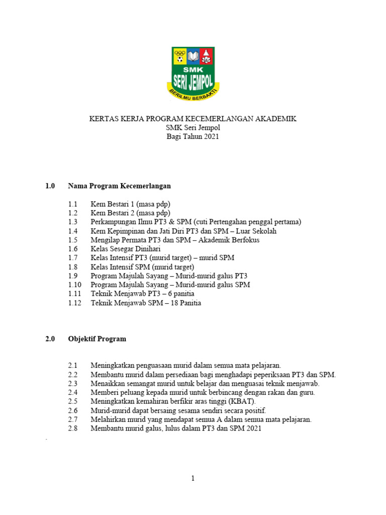Kertas Kerja Kecemerlangan 2021 | PDF