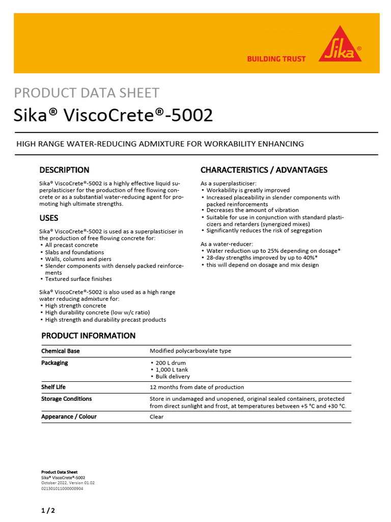 Sika Viscocrete 5002 | PDF | Concrete | Materials