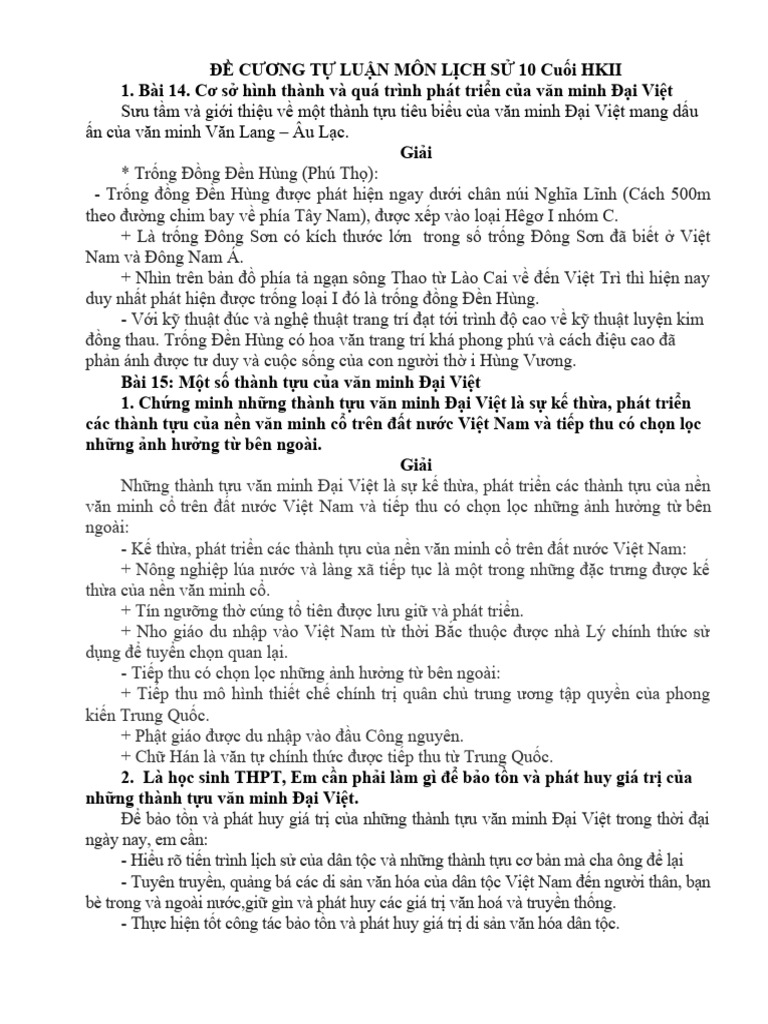 ĐỀ CƯƠNG TỰ LUẬN MÔN LỊCH SỬ 10 Cuối HKII | PDF