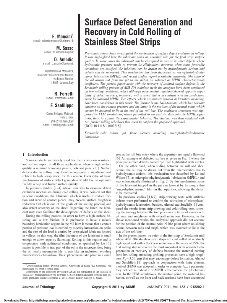 Surface Defect Generation and Recovery in Cold Rolling of Stainless ...