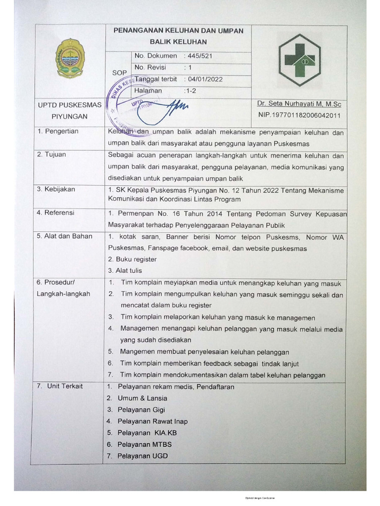 Contoh Sop KMP 1 - Penanganan Keluhan Dan Umpan Balik Keluhan | PDF