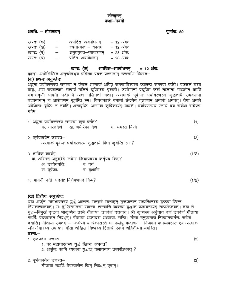 Cbse Sample Paper For Class 9 Sanskrit Download | PDF